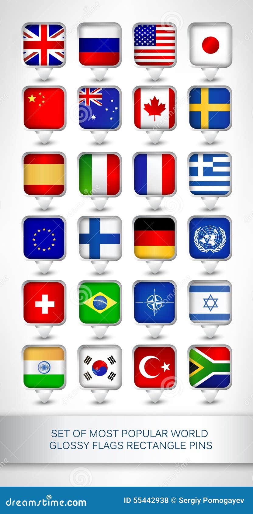 Set of Most Popular World Glossy Flags Rectangle Pins Stock Vector ...