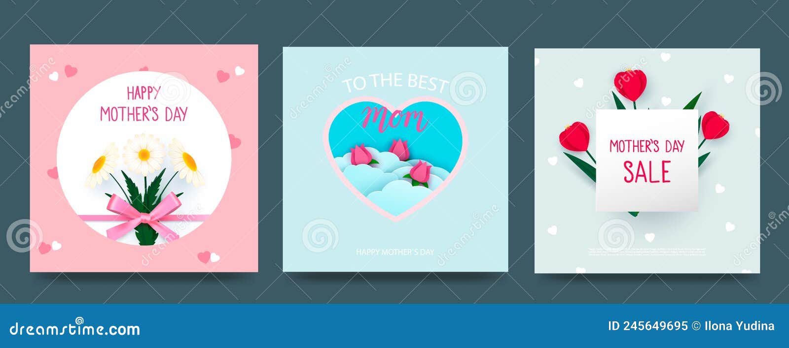 Set Of Mother S Day Cards With Hearts And Spring Flowers In Pastel