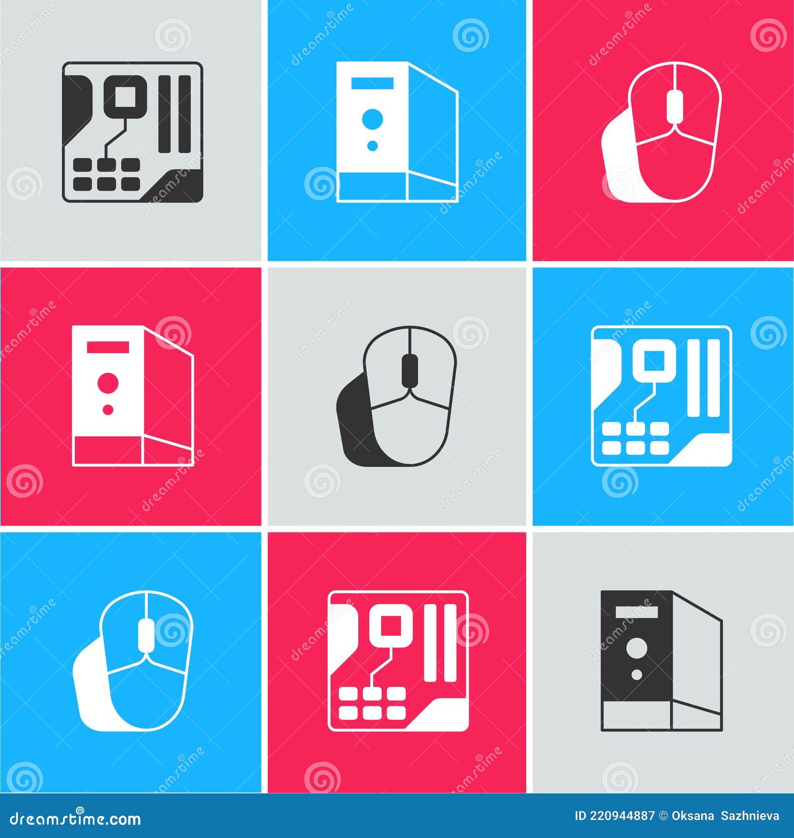 Set Motherboard Digital Chip, Case of Computer and Computer Mouse Icon ...