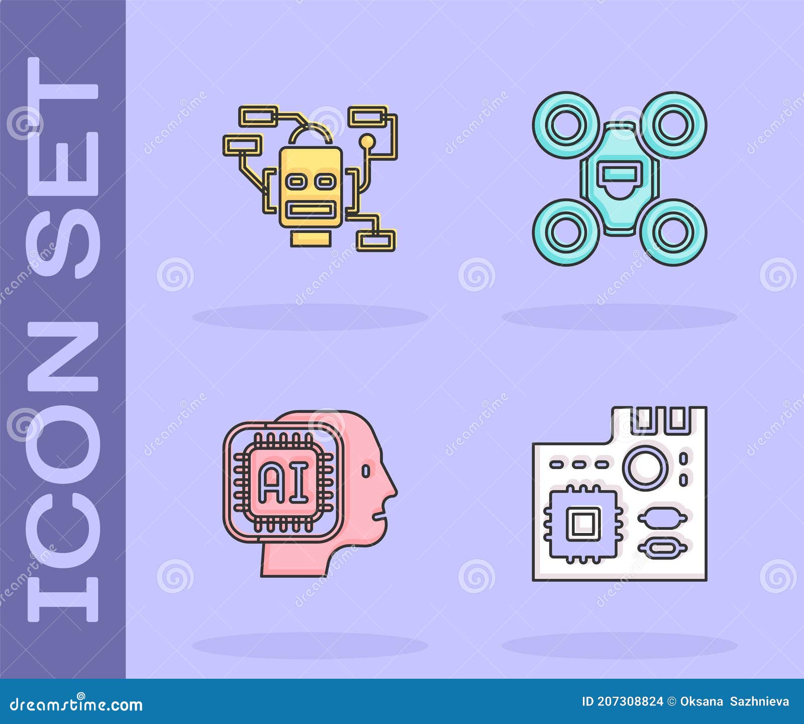 Set Motherboard Digital Chip, Robot, Humanoid Robot and Drone Icon ...