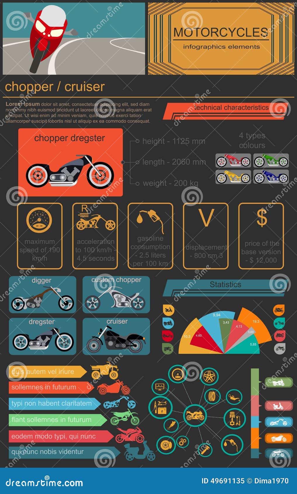 Set of Motorcycles Elements, Transportation Infographics Stock Vector ...