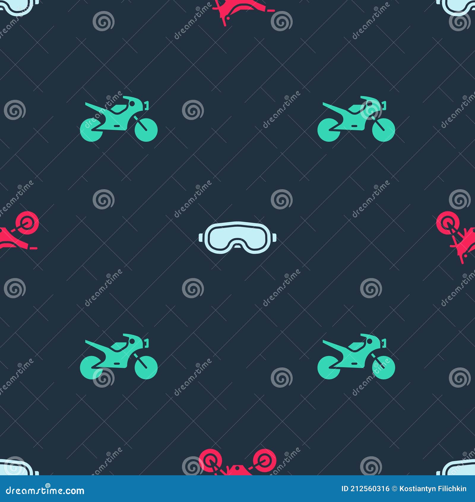 Set Mountain Bike, Ski Goggles and Motorcycle on Seamless Pattern ...