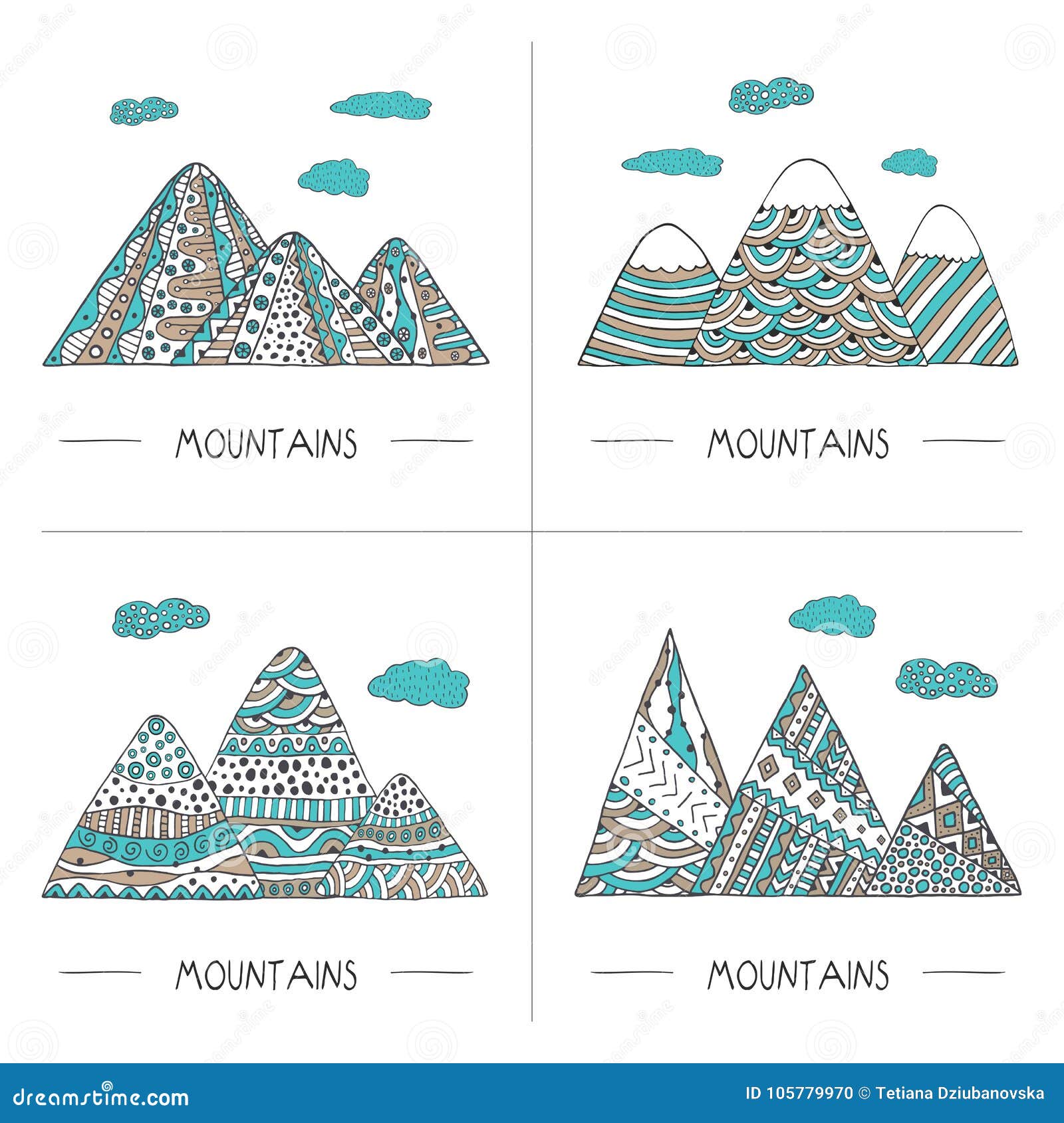 Set of Mountains in Doodle Style. Hand Drawn Coloring Vector ...