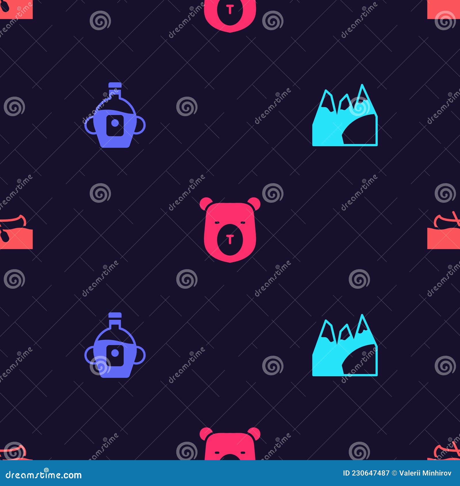 Set Mountains, Maple Syrup, Bear Head and Kayak or Canoe on Seamless ...