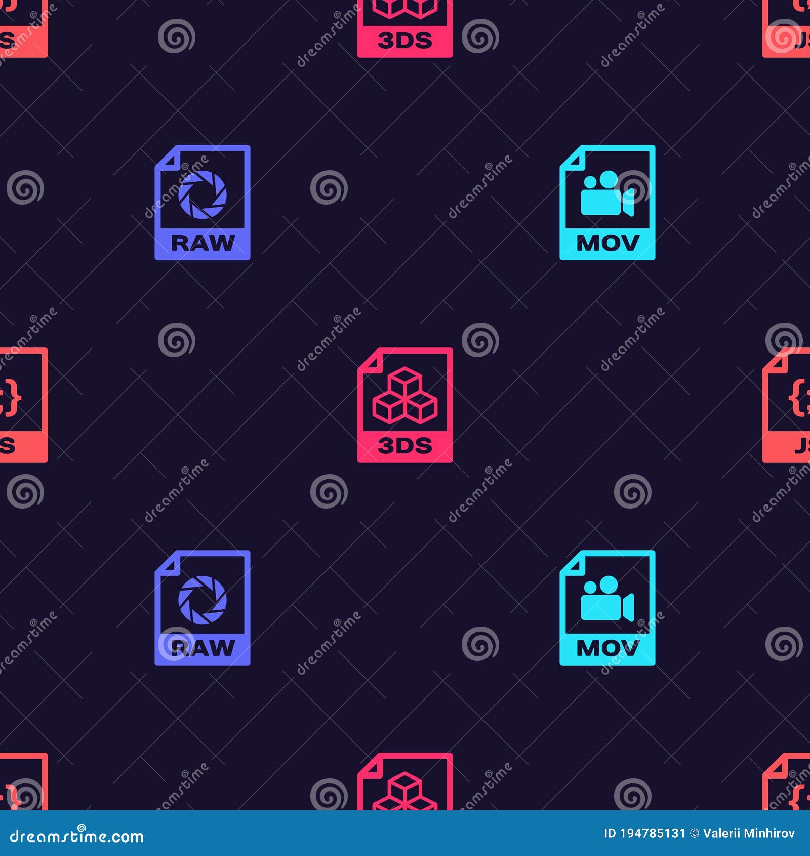 Set MOV File Document, RAW, 3DS and JS on Seamless Pattern. Vector Stock Vector - Illustration ...