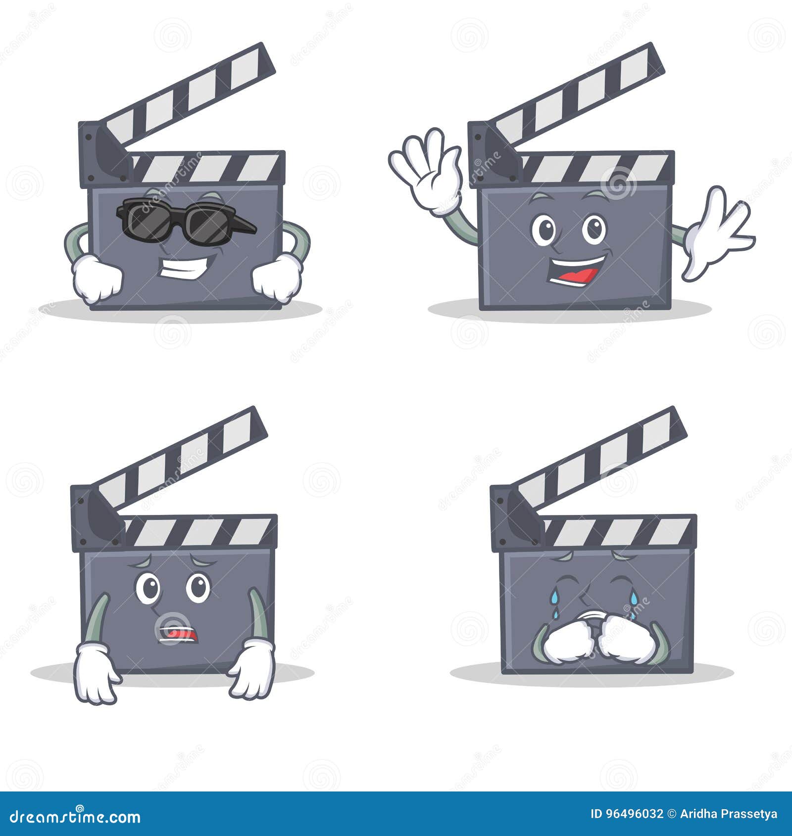 Set of Movie Clapper Character with Cool Waving Afraid Crying Stock ...