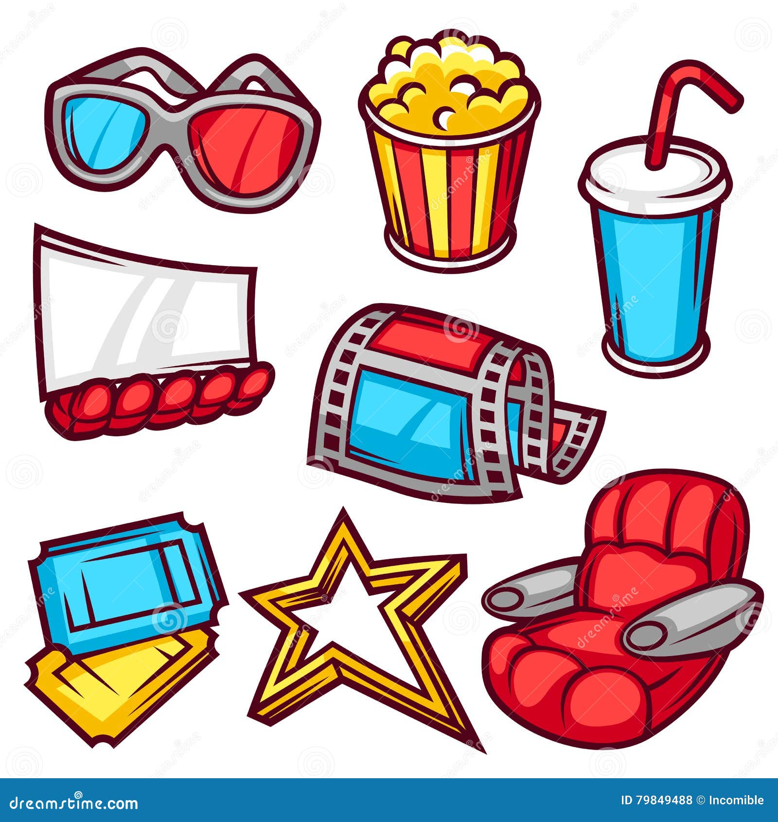 Set of Movie Elements and Cinema Objects in Cartoon Style Stock Vector ...