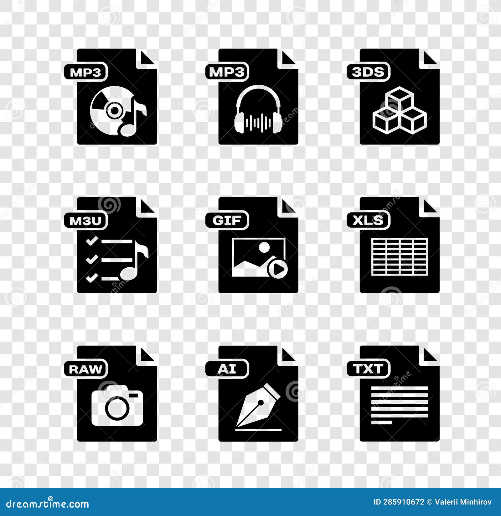 Set MP3 File Document, 3DS, RAW, AI, TXT, M3U and GIF Icon. Vector ...