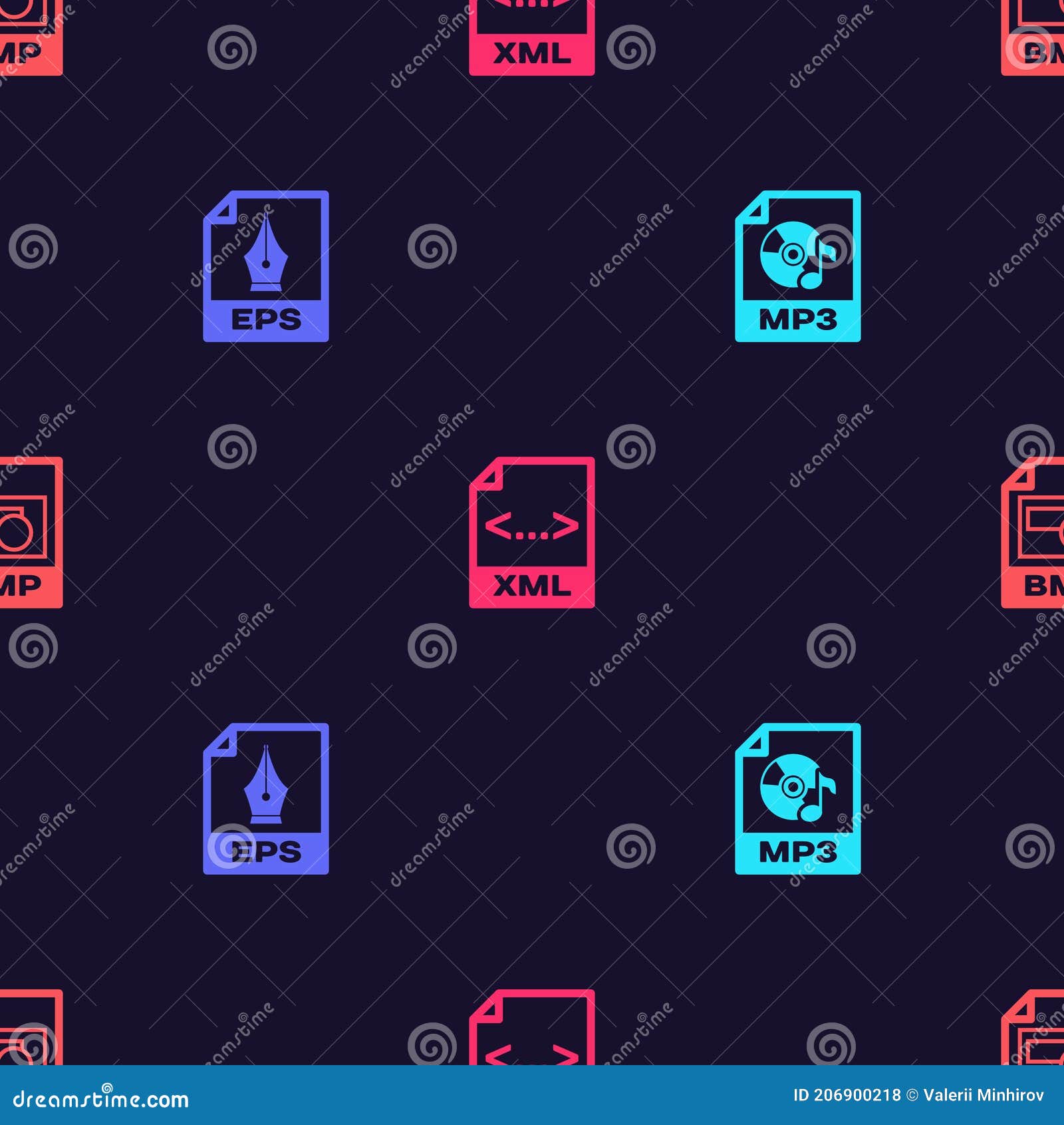 Set Mp3 File Document Eps Xml And Bmp On Seamless Pattern Vector Stock Illustration