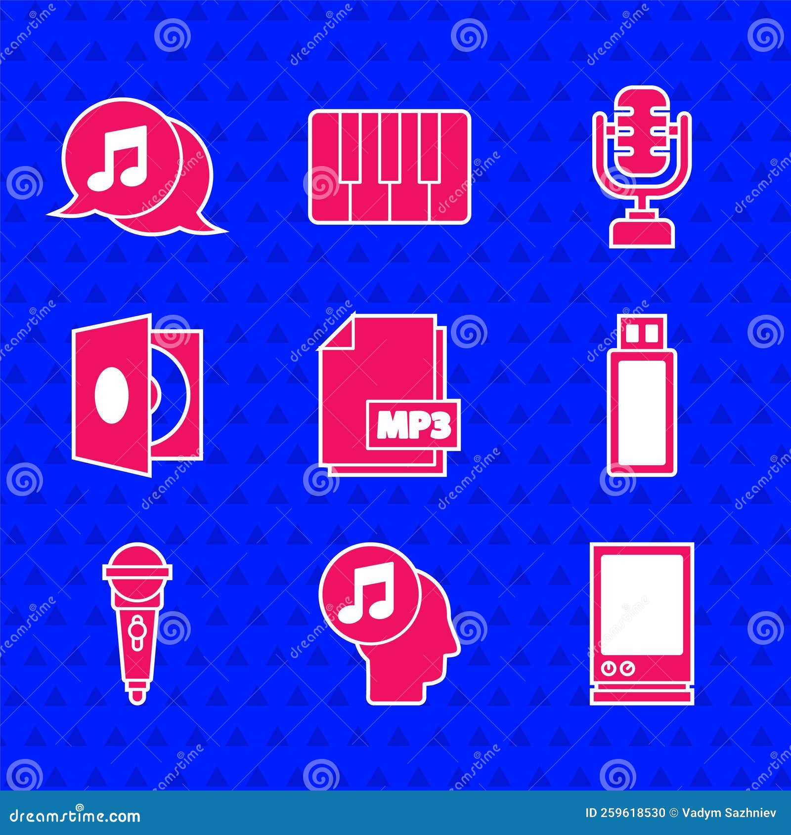 Set MP3 File Document, Musical Note in Human Head, Voice Assistant, USB ...