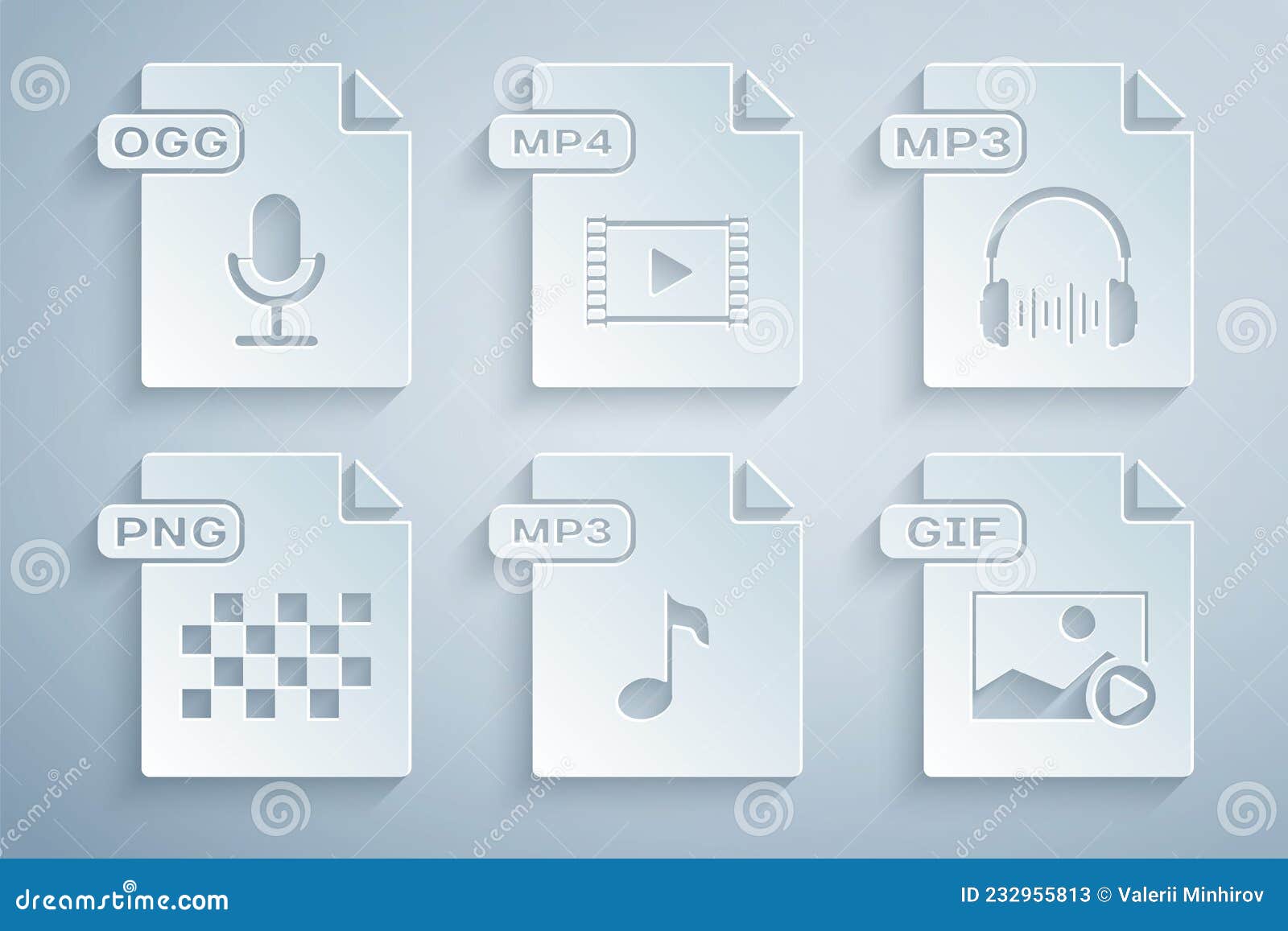 Set MP3 File Document, PNG, GIF, MP4 and OGG Icon. Vector Stock Vector ...