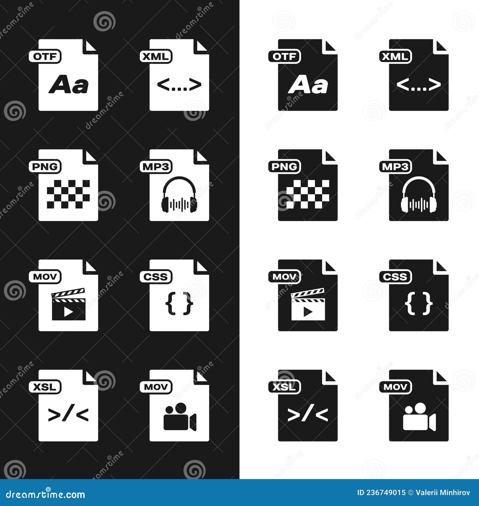 Set MP3 File Document, PNG, OTF, XML, MOV, CSS, and XSL Icon. Vector ... Set MP3 File Document, PNG, OTF, XML, MOV, CSS, and XSL Icon. Vector ...