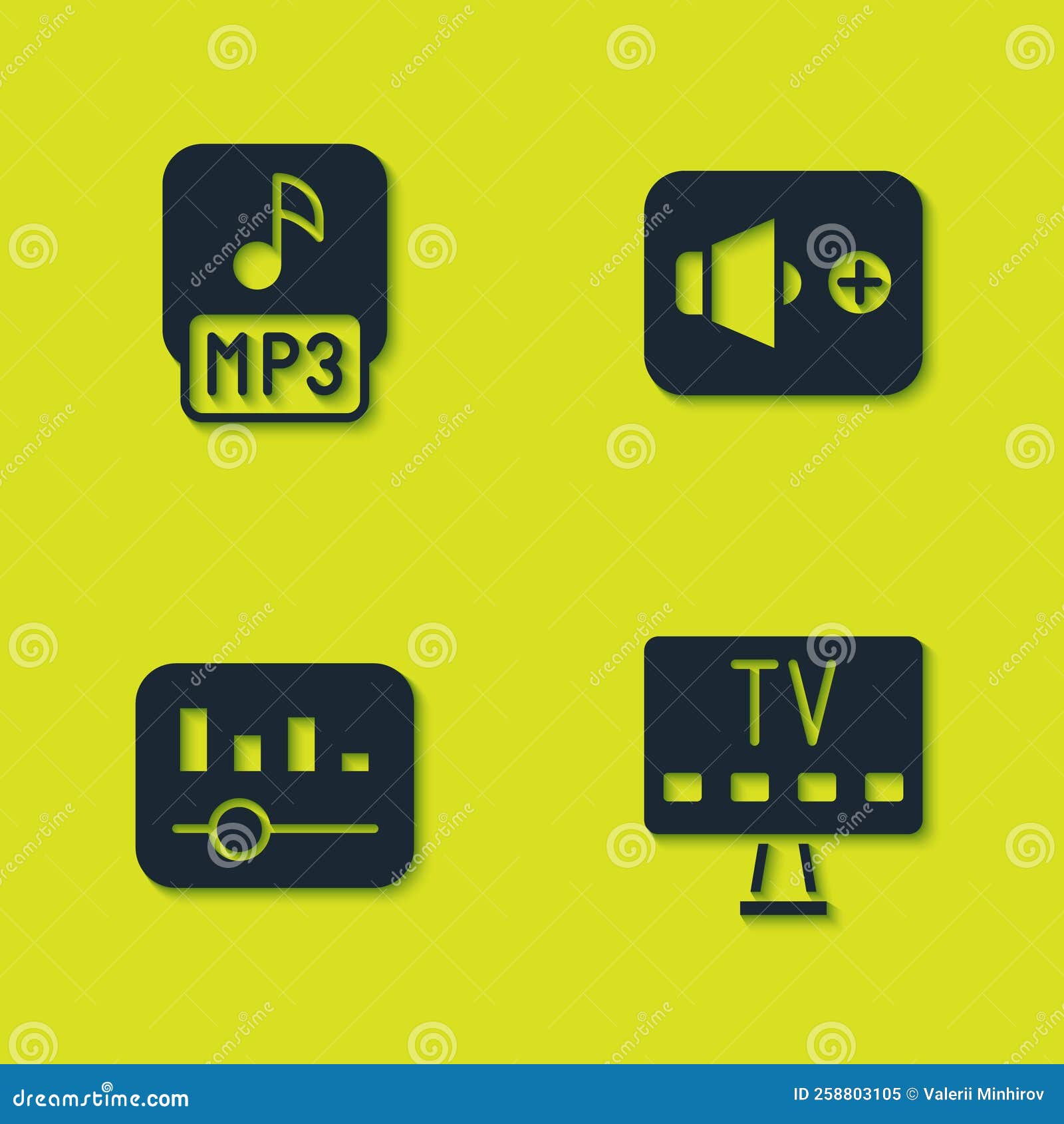 Set MP3 File, Smart Tv, Music Equalizer and Speaker Volume Icon. Vector ...