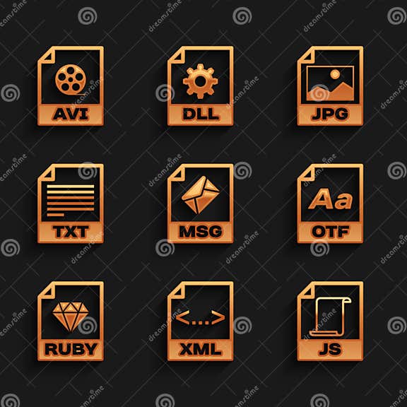Set MSG File Document, XML, JS, OTF, RUBY and TXT Icon. Vector Stock Vector - Illustration of ...