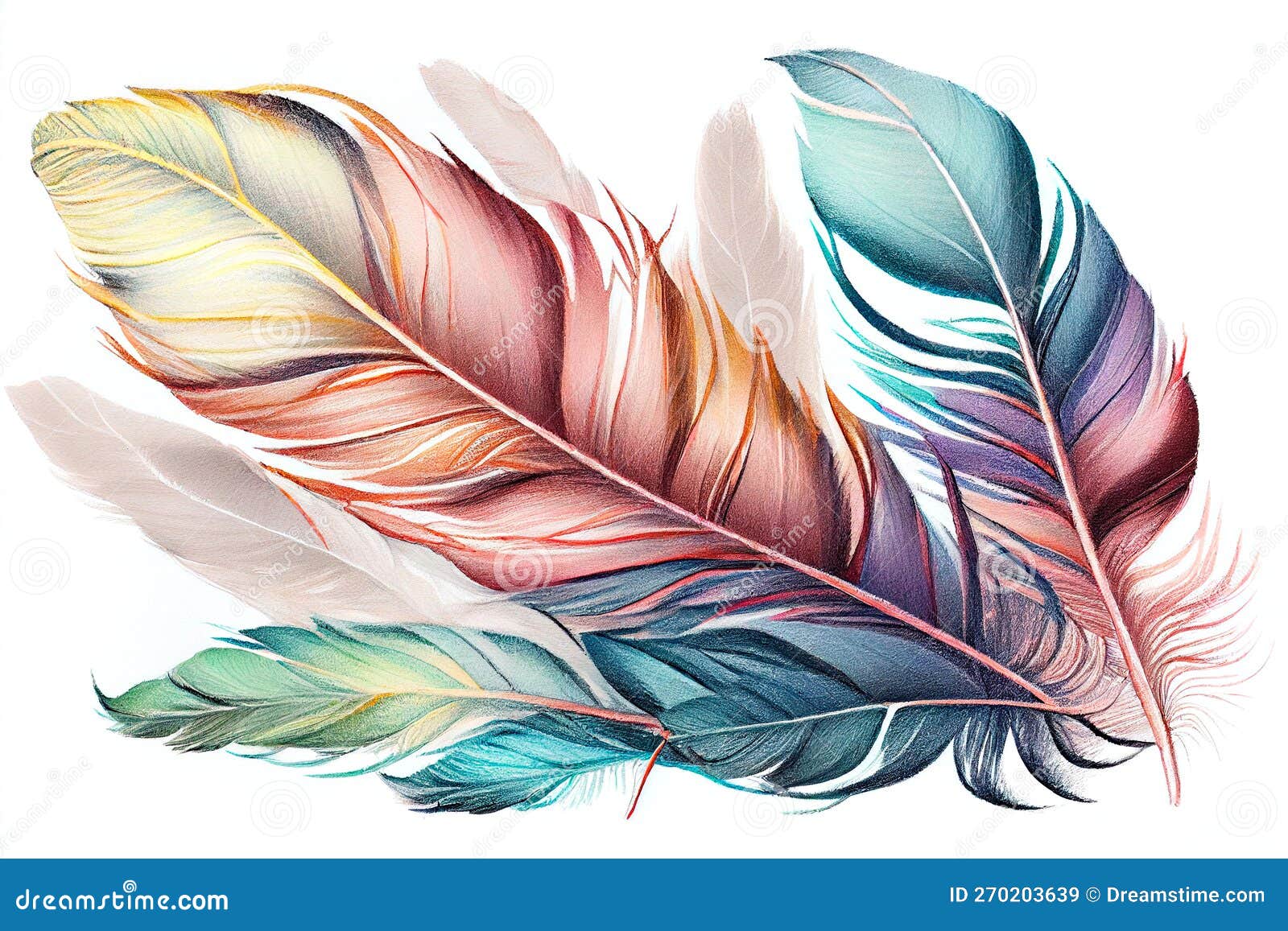 Set of Multi-colored Bird Feathers, Pastel Drawing on a White ...
