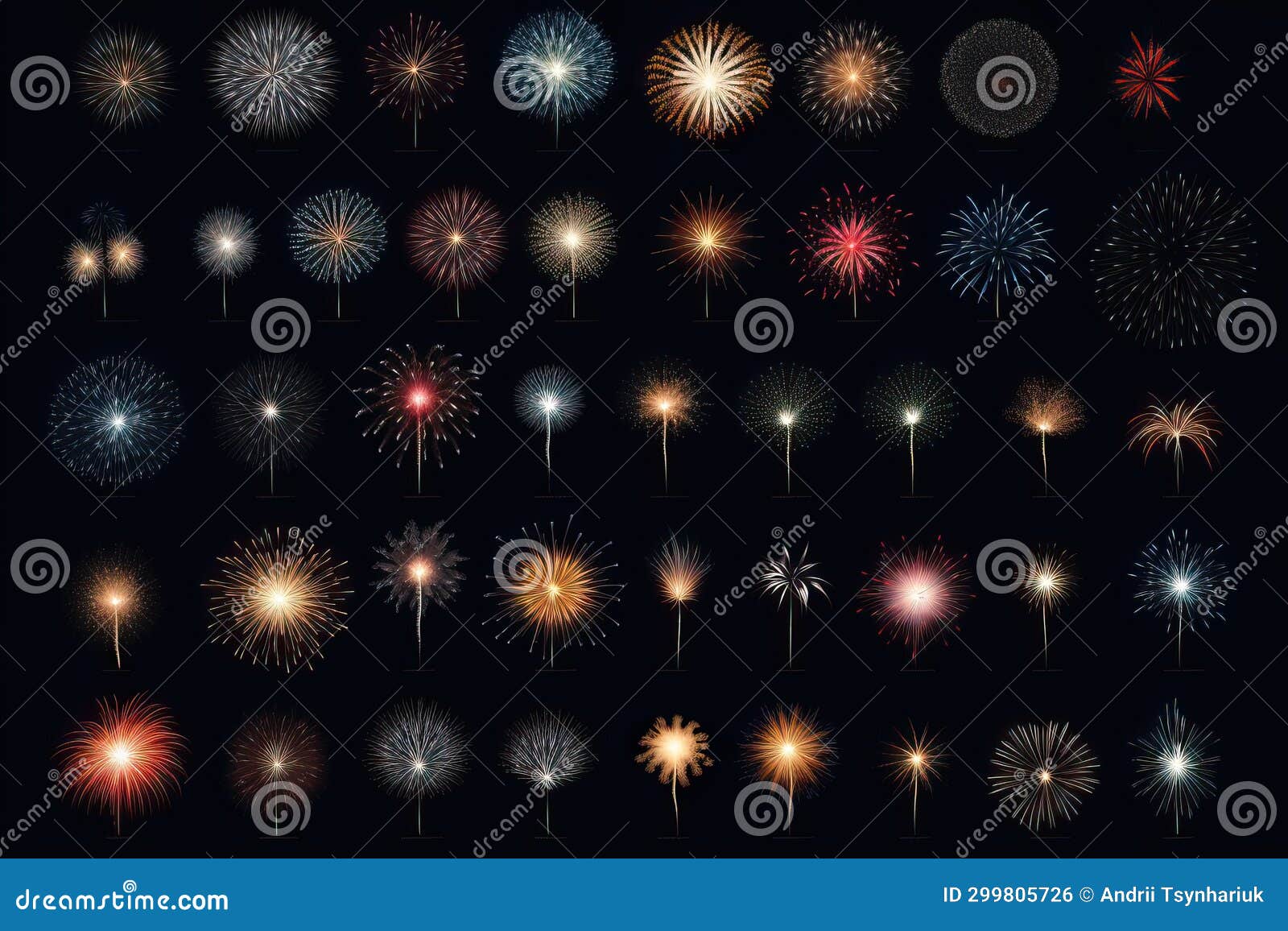 Set of Multi-colored Fireworks on a Black Background. Stock Photo ...