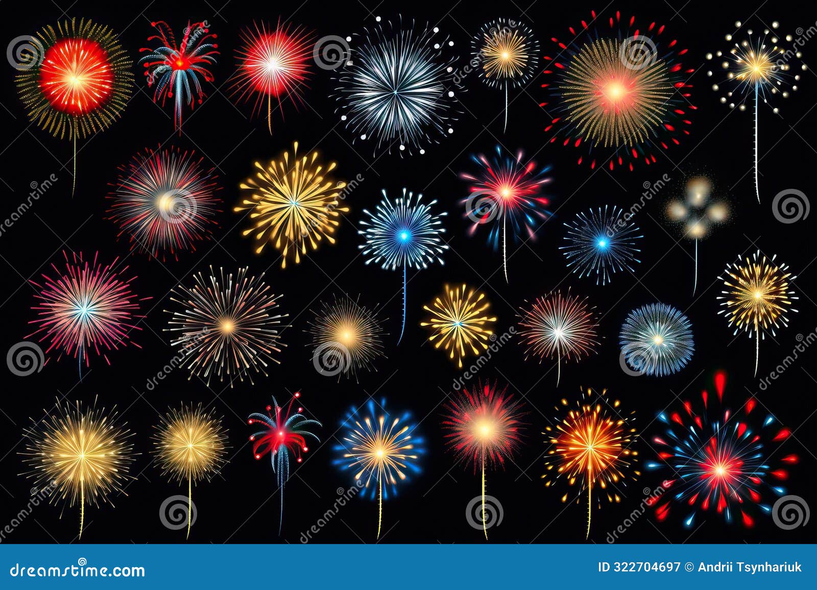 Set of Multi-colored Fireworks on a Black Background. Stock Image ...