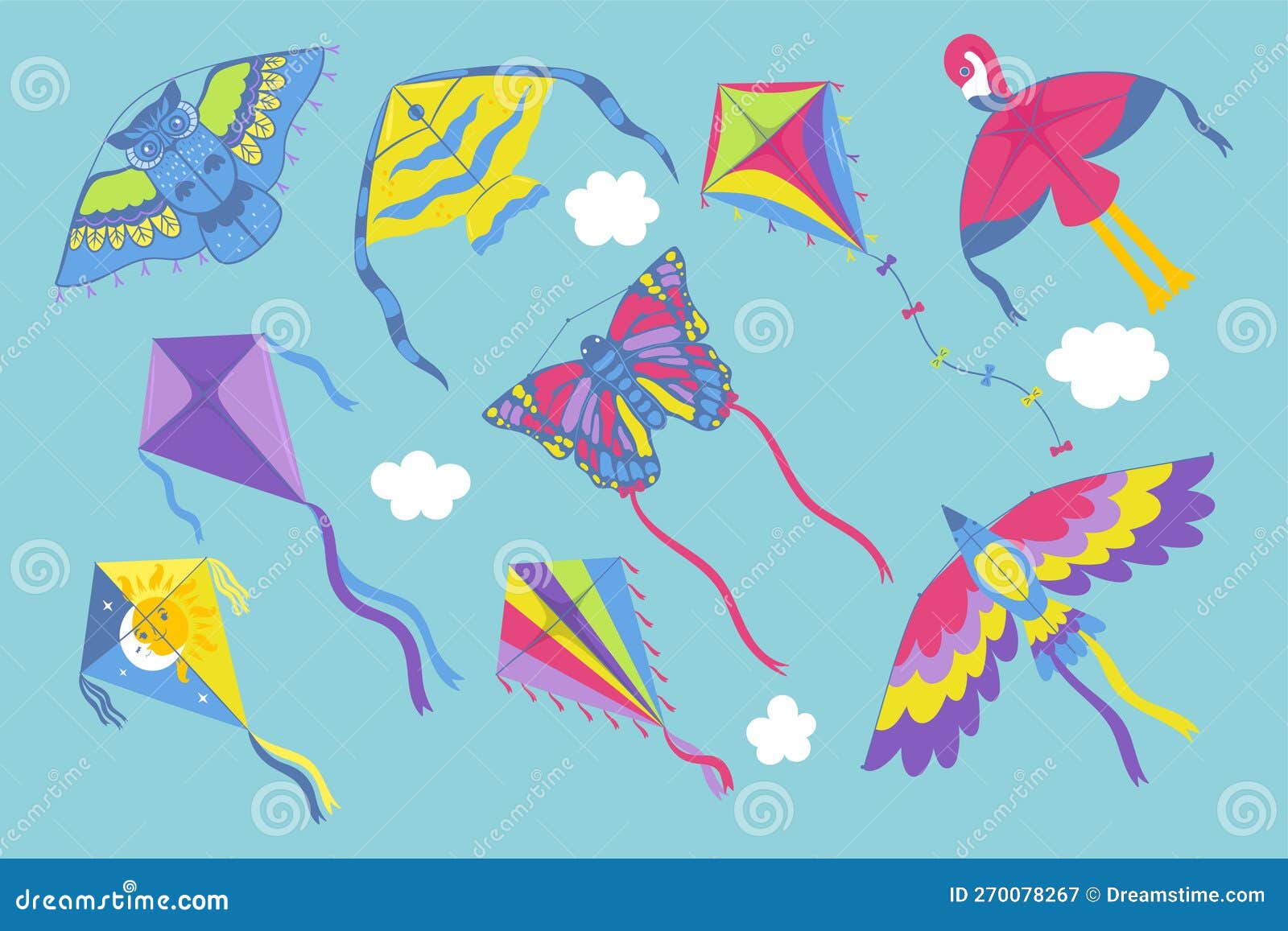 Set of Multi-colored Kites with Ribbons. Vector Graphics Stock Vector ...