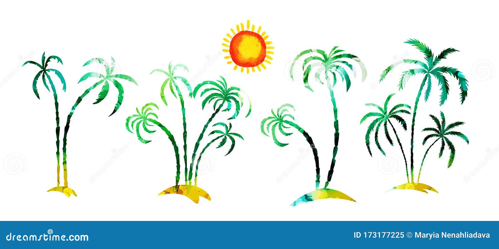 Set Multi-colored Palm Trees. Hello Summer. Mixed Media. Vector ...