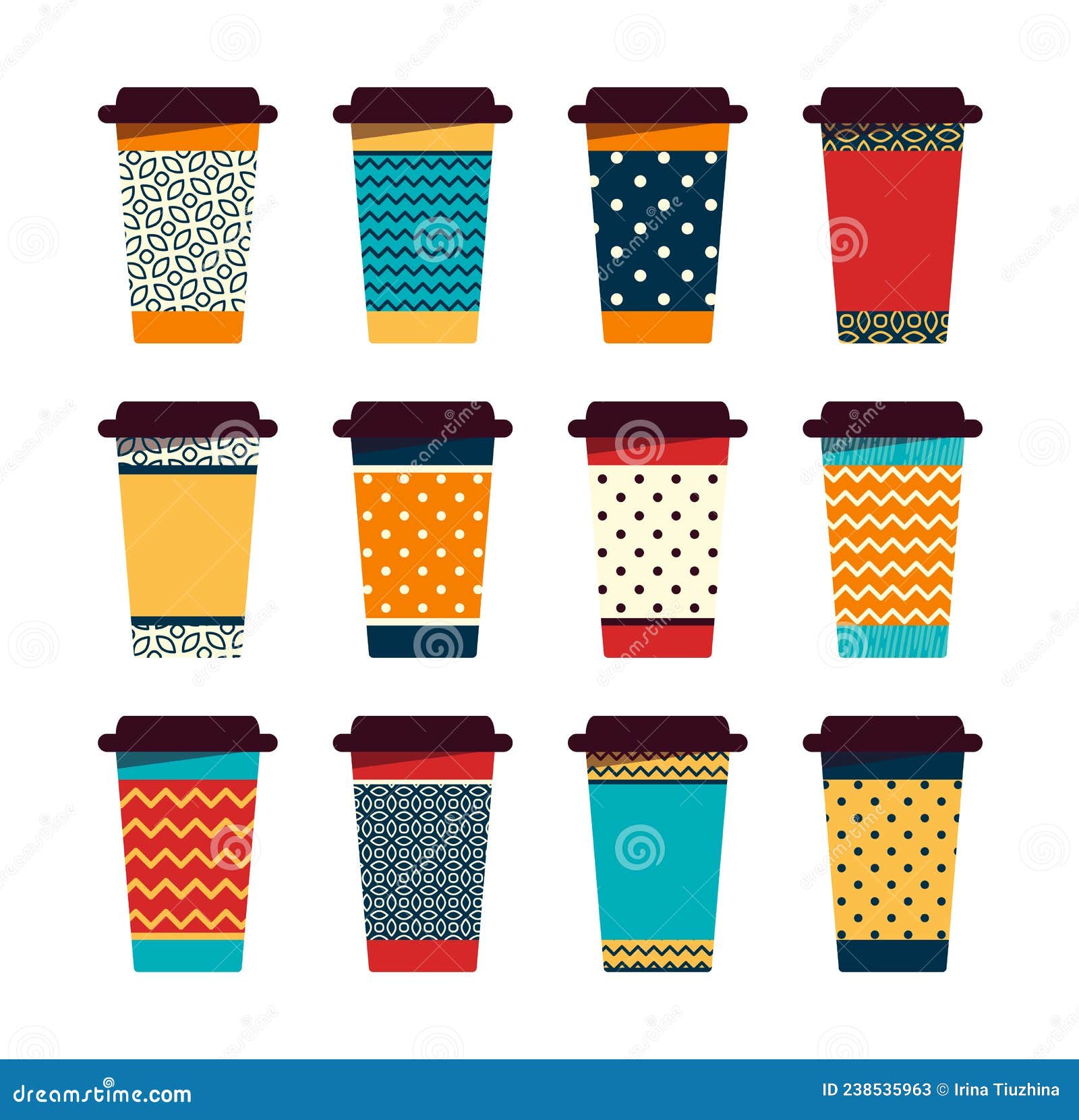 Set of Multi-colored Paper Cups with Hot Drink Coffee or Tea. Different ...