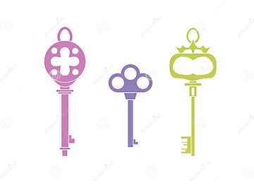A Set of Multi-colored Retro Keys on White Background. Vector ...