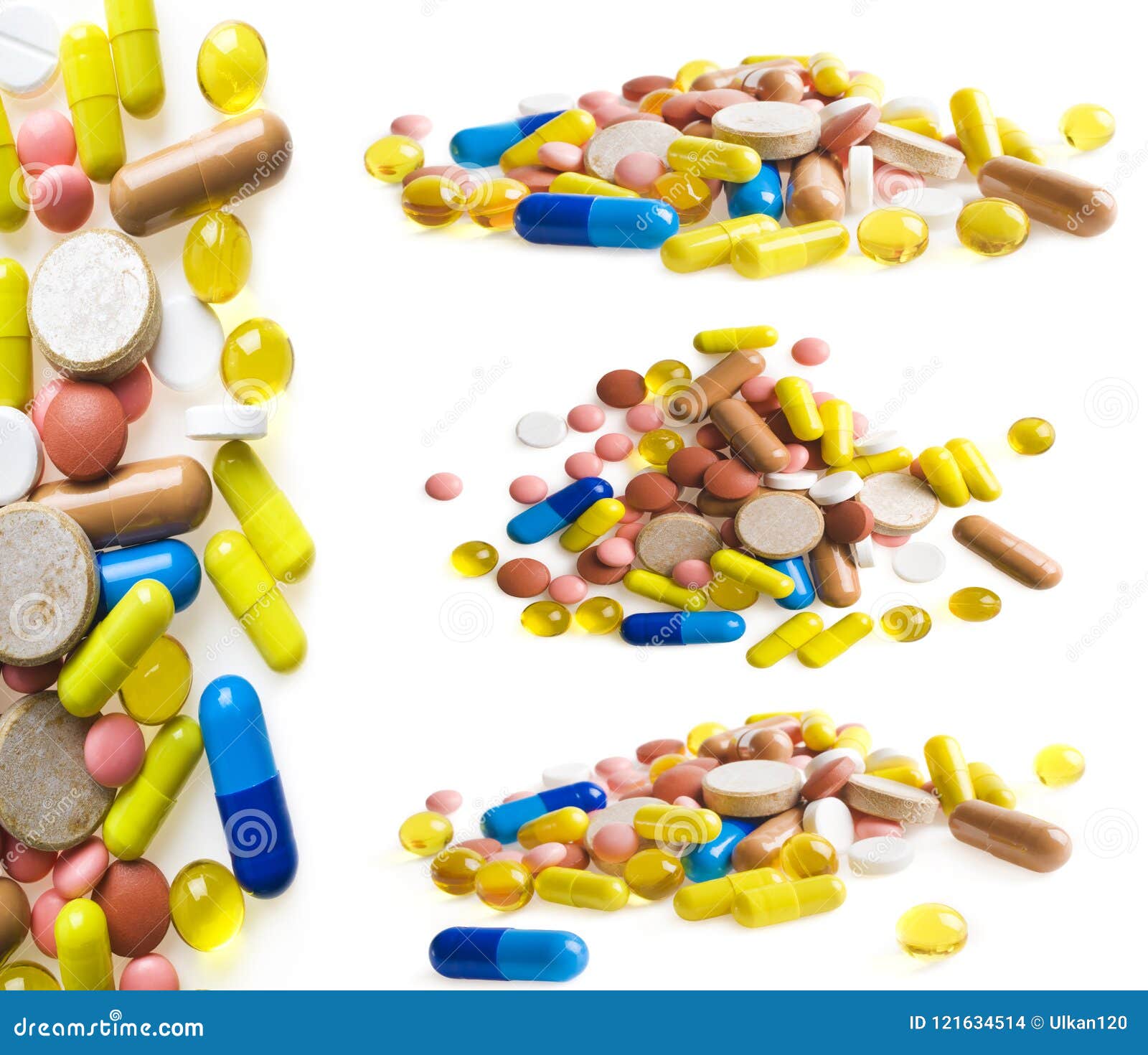 Set of Multi-colored Tablets and Capsules on White Background Stock ...