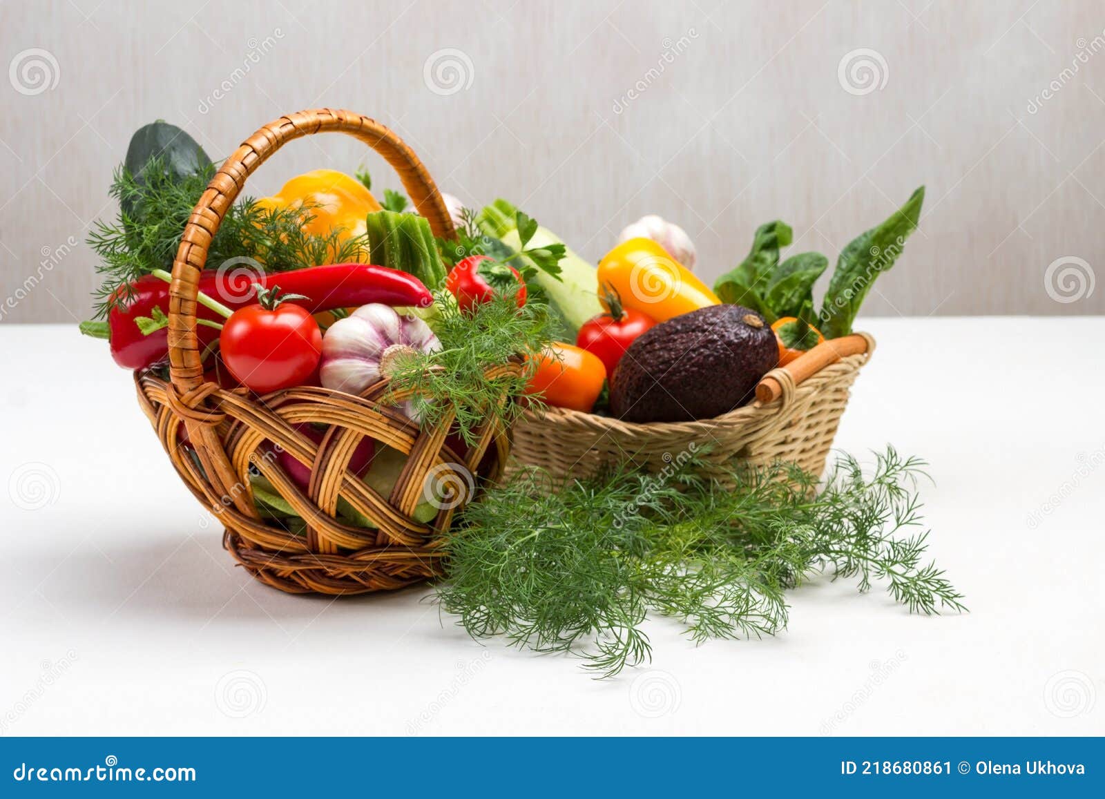Set of Multi-colored Vegetables in Two Wicker Baskets. Dill on Table ...