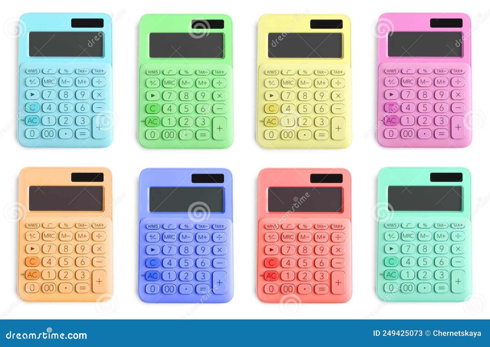 Set with Multicolored Calculators on White Background, Top View Stock ...