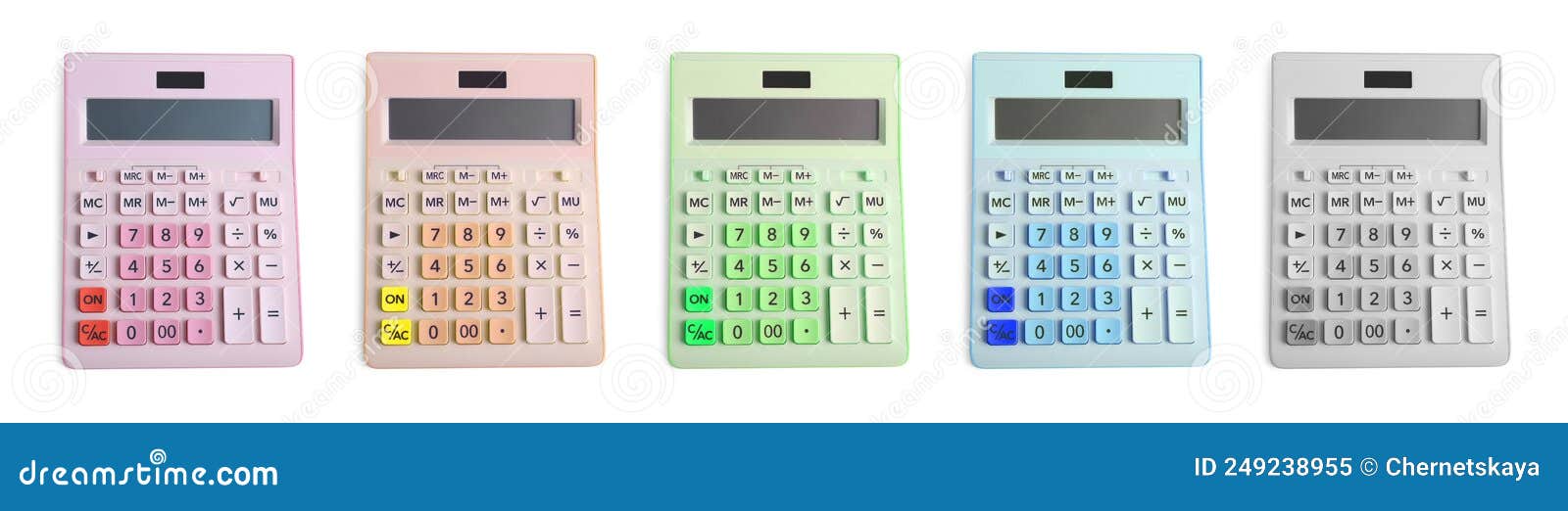 Set with Multicolored Calculators on White Background, Top View. Banner ...