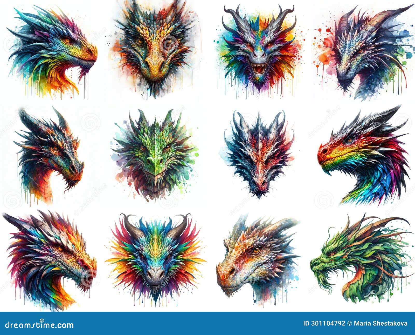 Set of the Multicolored Colorful Rainbow Dragon Head Illustration Stock ...