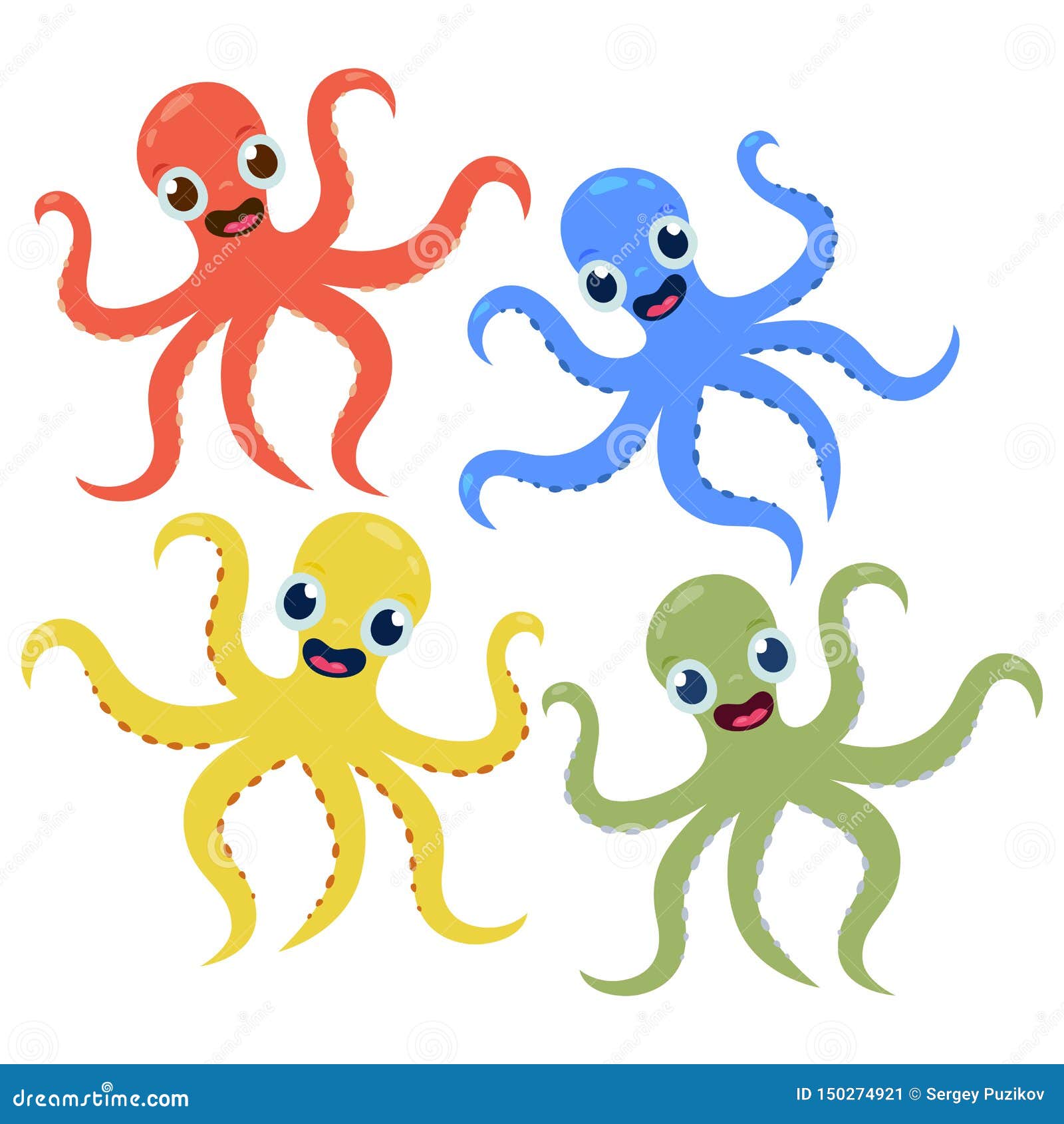 Set of Multicolored Cute Octopuses in Cartoon Style Vector Cartoon ...