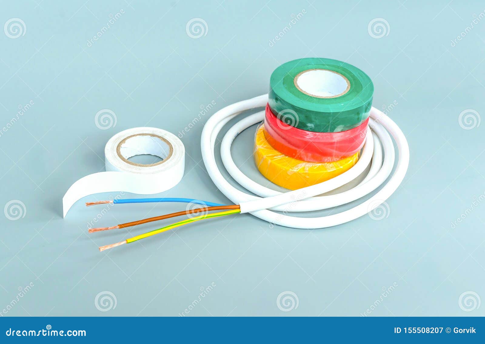 Set of Multicolored Insulating Tapes and White Cable on Gray Background ...