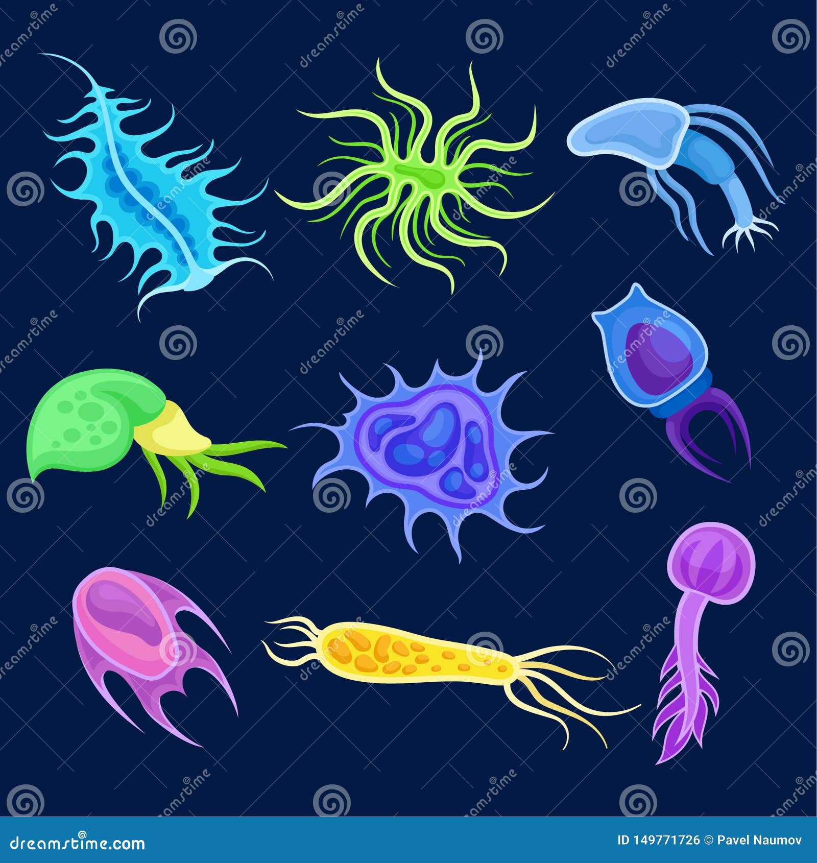Set of Multicolored Plankton. Vector Illustration on Black Background ...