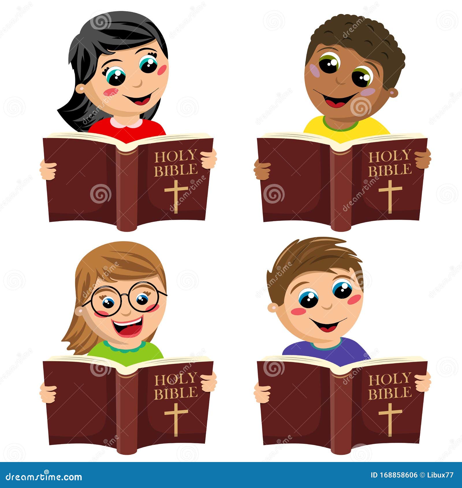 Set of Multicultural Happy Kids Reading Holy Bible Book Isolated on ... Set of Multicultural Happy Kids Reading Holy Bible Book Isolated on ...