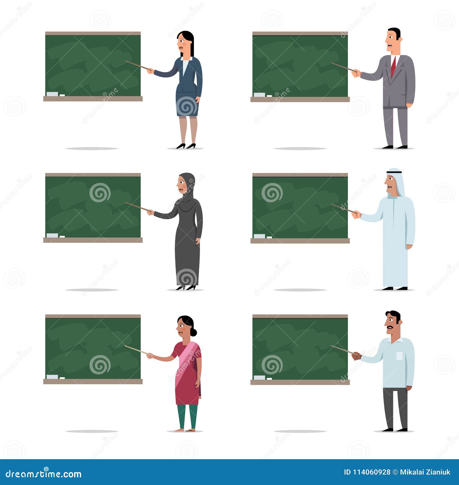 Set of the Multiethnic Teachers Explains the Lesson by Pointing Stock ...