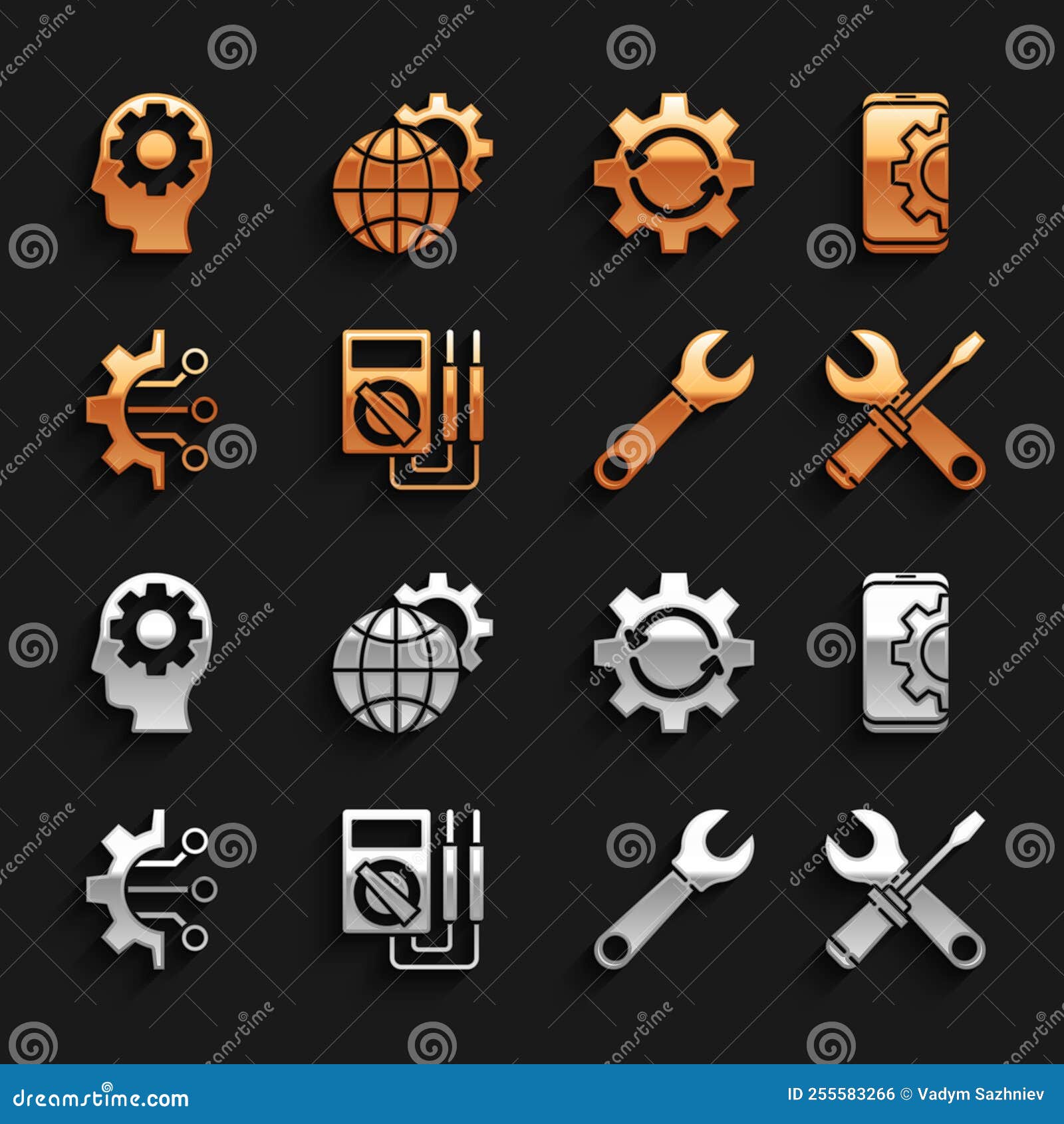 Set Multimeter, Setting on Smartphone, Screwdriver and Wrench Spanner, Wrench, Algorithm, Gear ...