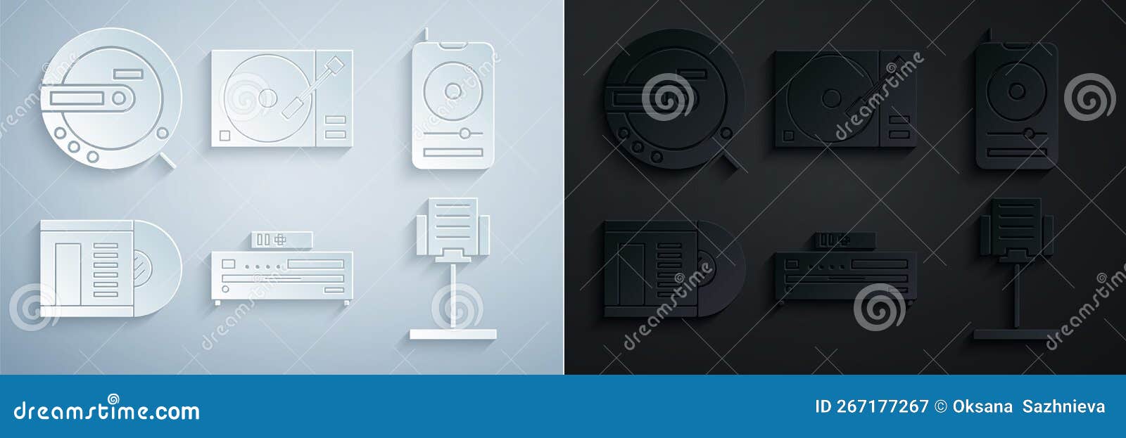 Set Music CD Player, Vinyl Disk, Stand, with Vinyl and Icon. Vector ...