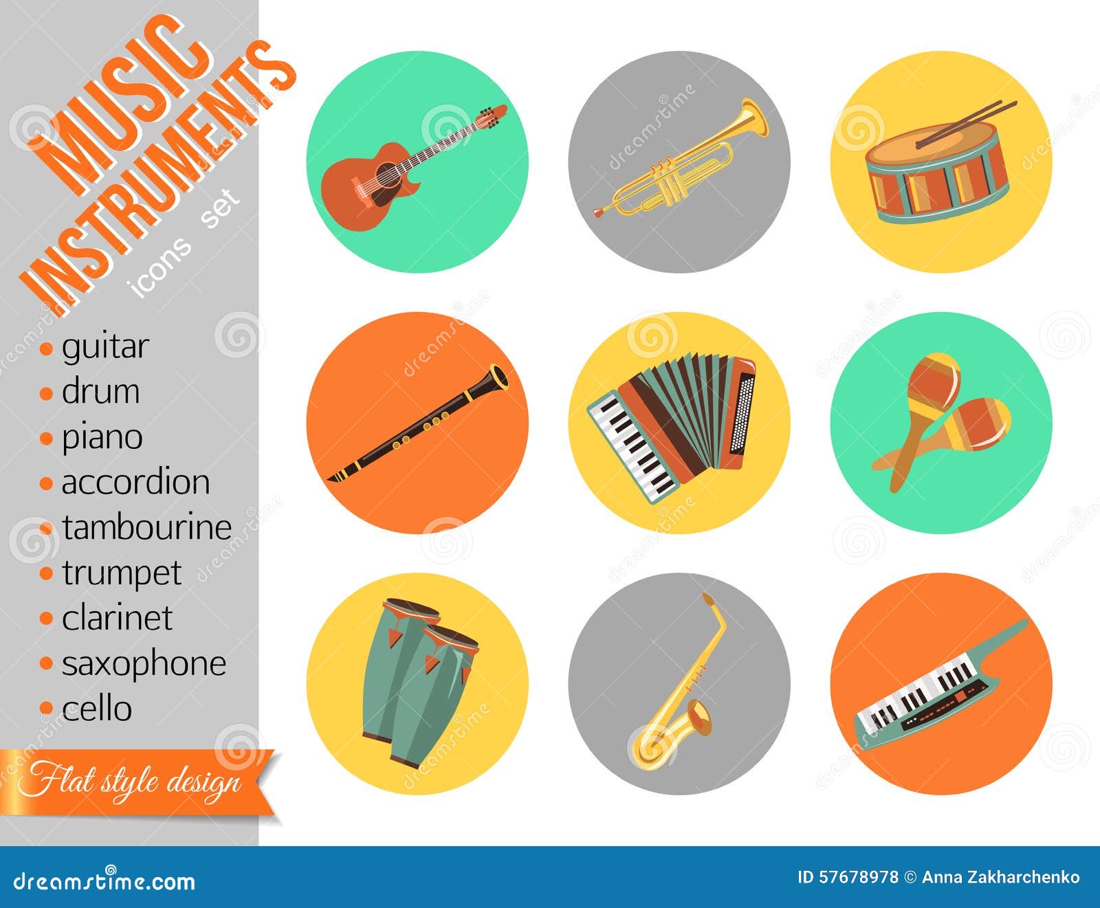 Set of Music Instruments. Flat Style Design Stock Vector - Illustration ...