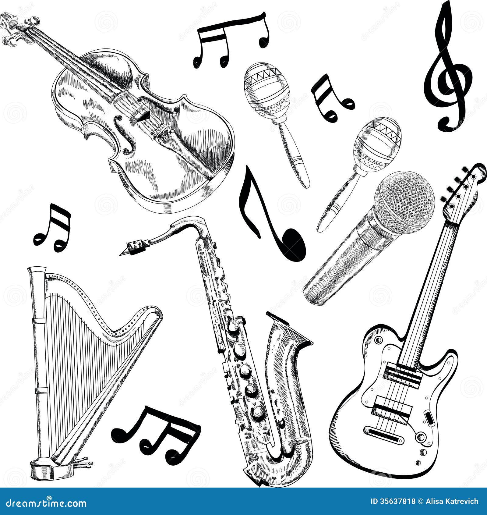 Set of Music Instruments - Hand Drawn in Vector Stock Illustration ...