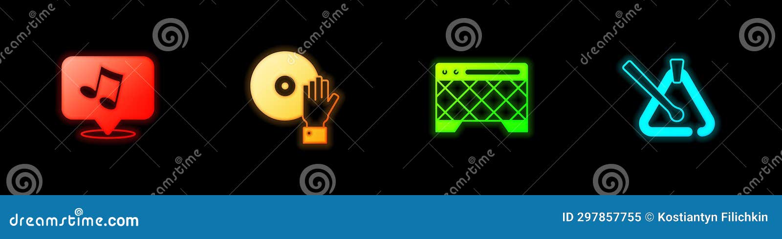 Set Music Note, Tone, DJ Playing Music, Guitar Amplifier and Triangle ...