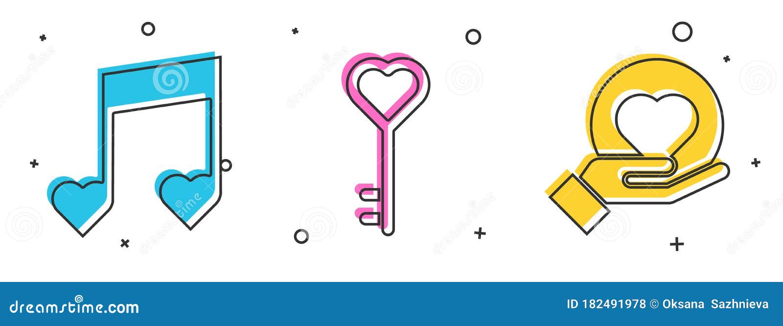 Set Music Note, Tone with Hearts, Key in Heart Shape and Heart on Hand ...