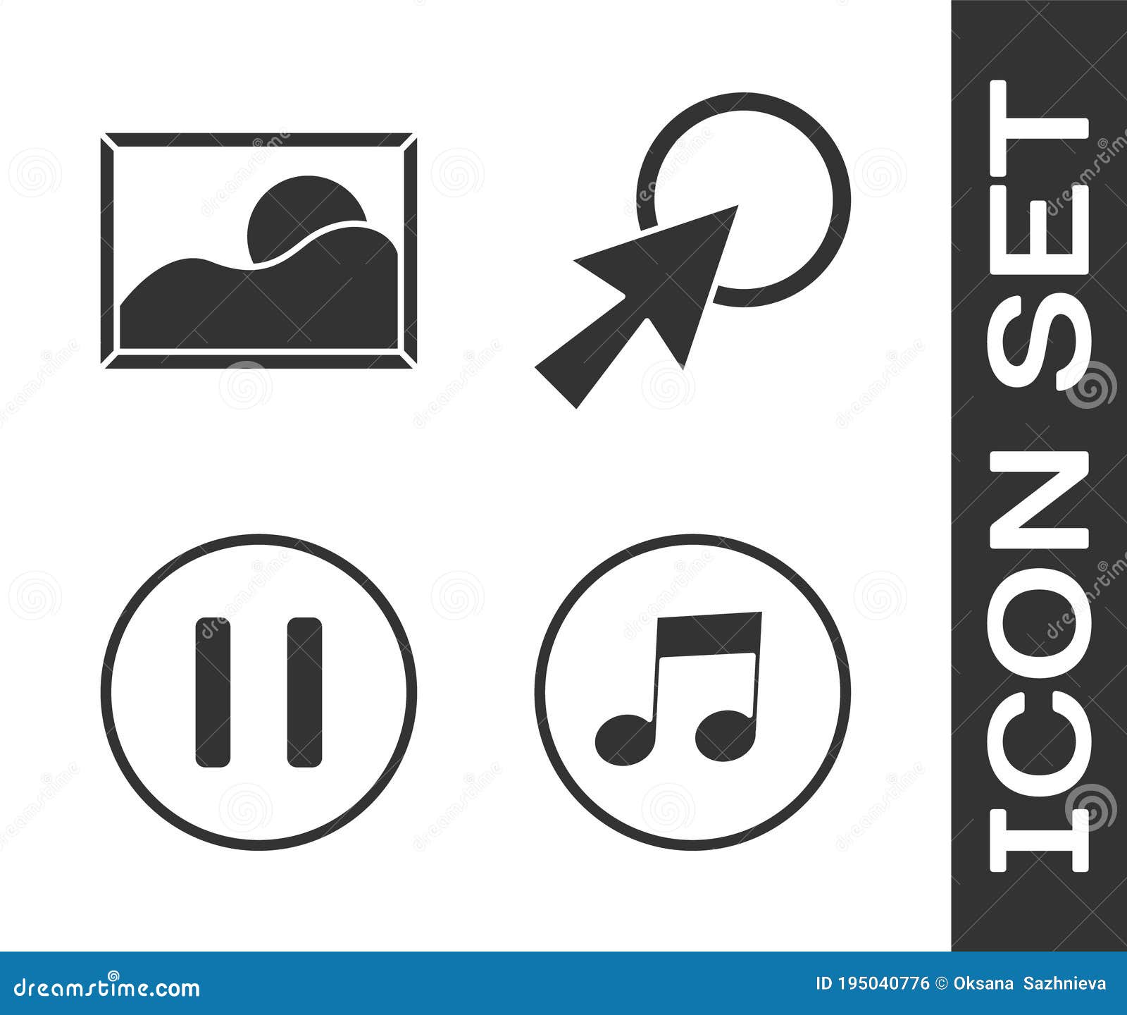 Set Music Note, Tone, Picture Landscape, Pause Button and Arrow Cursor ...