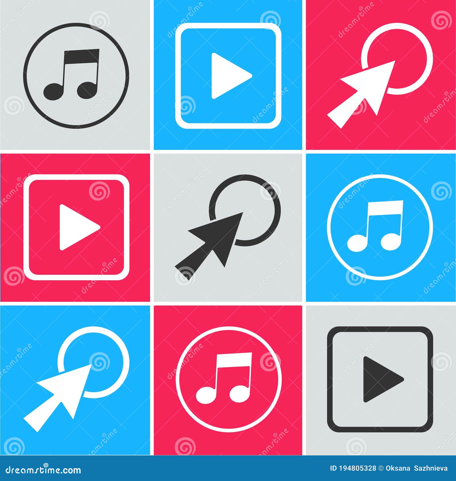 Set Music Note, Tone, Play in Square and Arrow Cursor Icon. Vector ...