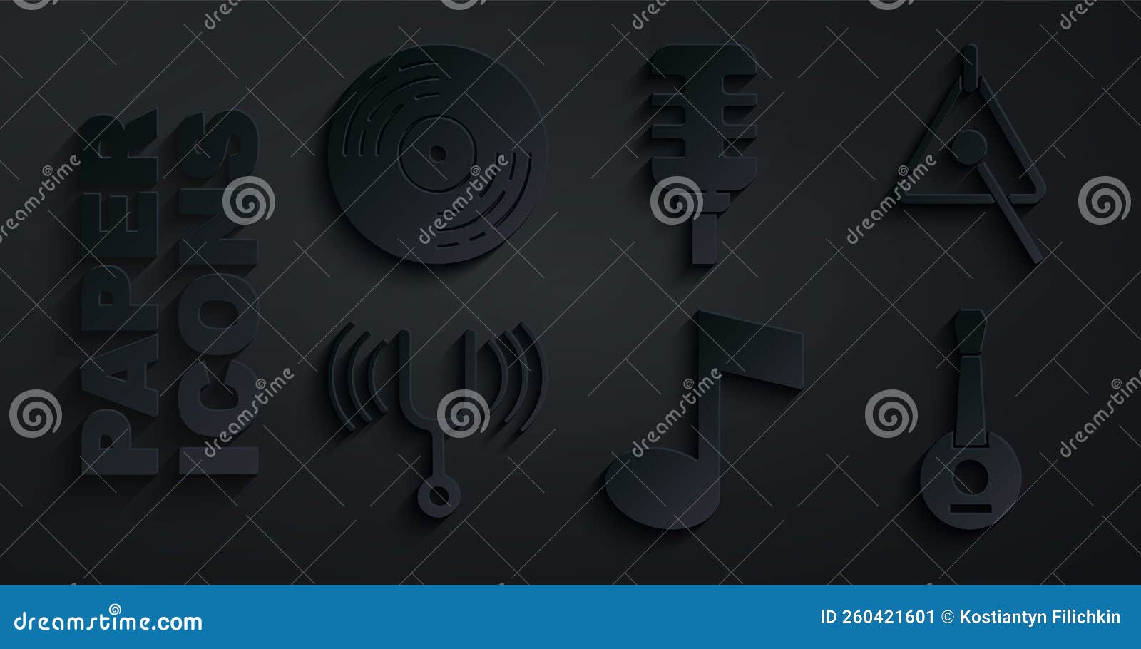 Set Music Note, Tone, Triangle, Musical Tuning Fork, Banjo, Microphone ...