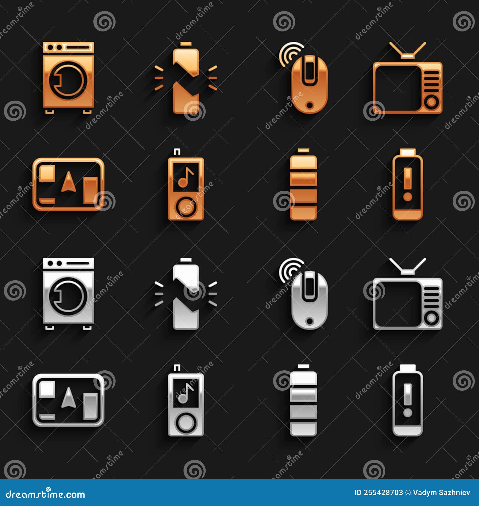 Set Music Player, Retro Tv, Battery Charge Level Indicator, Gps Device ...