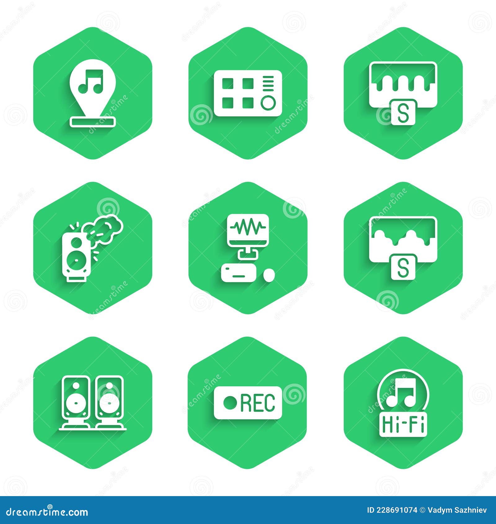 Set Music Recording Studio, Record Button, Note, Tone, Wave Equalizer ...