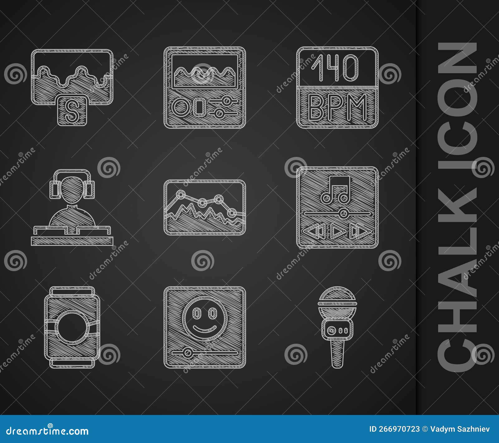 Set Music Wave Equalizer, Player, Microphone, Beer Can, DJ Playing ...