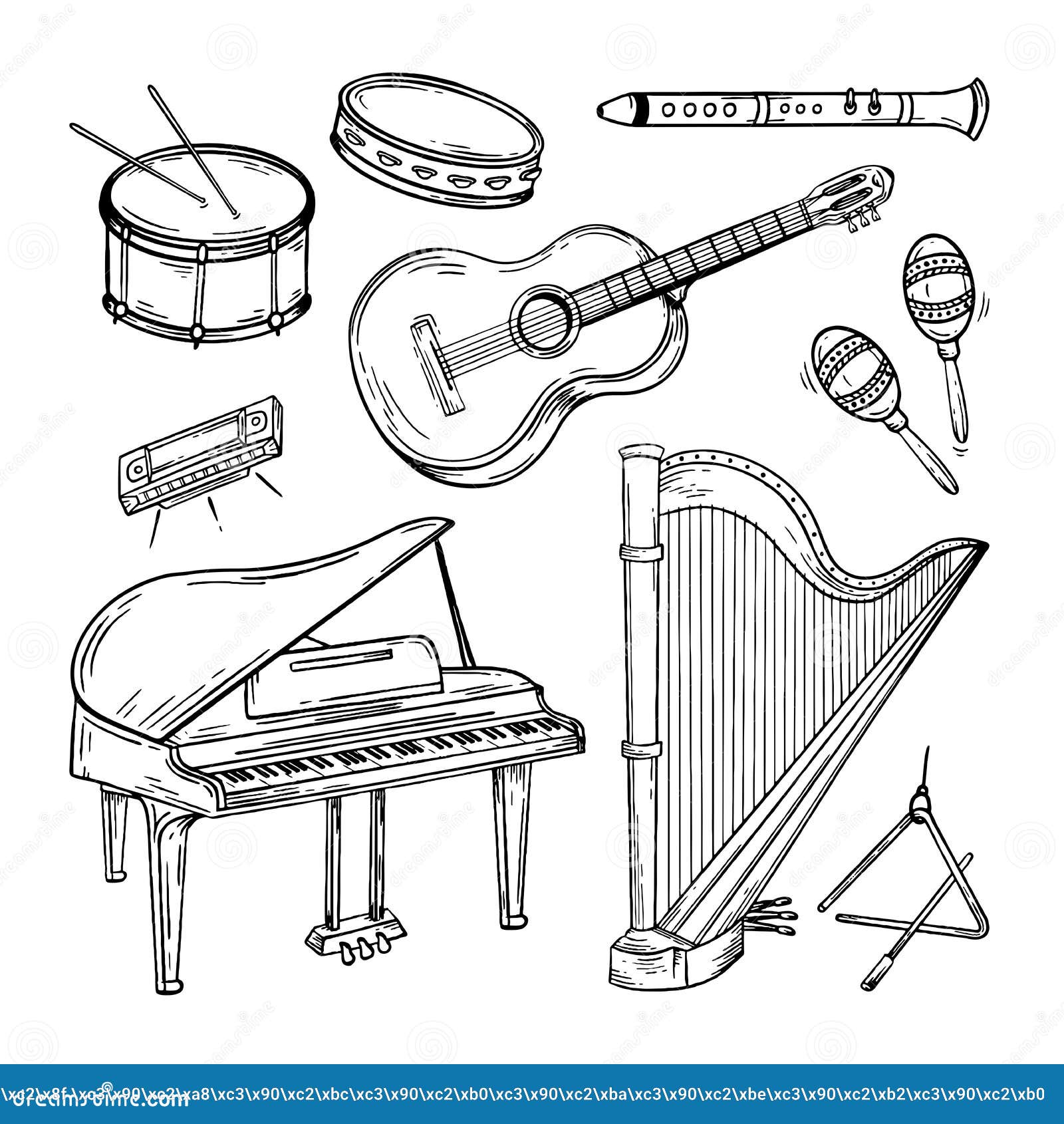 Set Musical Instruments Hand Drawn Style. Vector Black and White Doodle ... Set Musical Instruments Hand Drawn Style. Vector Black and White Doodle ...