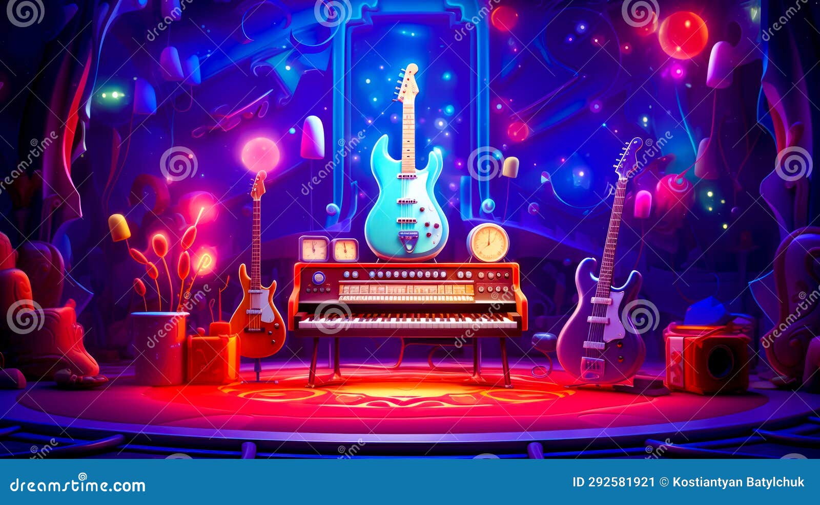 Set of Musical Instruments on Stage with Guitar and Keyboard ...