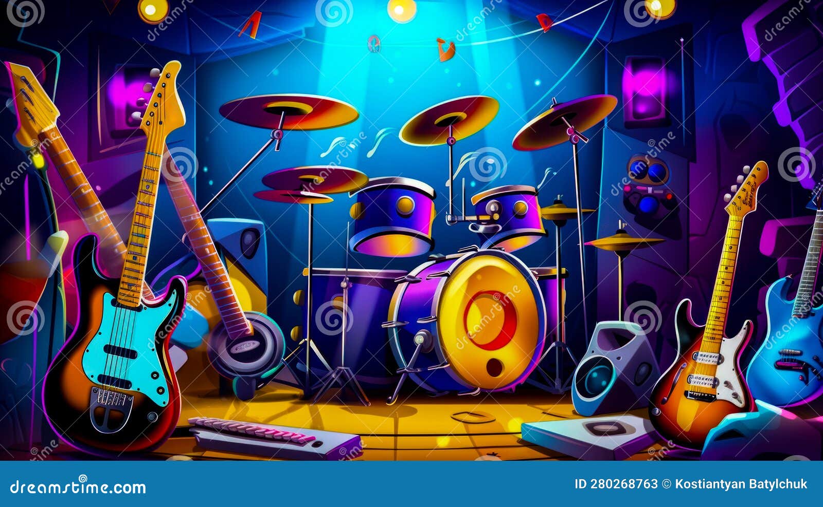 Set of Musical Instruments on Stage with Microphone and Keyboard ...